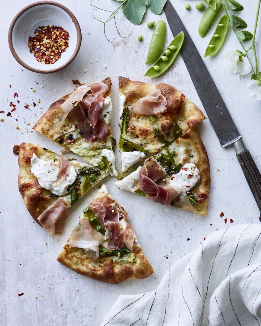 Burrata Snap Pea and Asparagus Pizza - What's Gaby Cooking